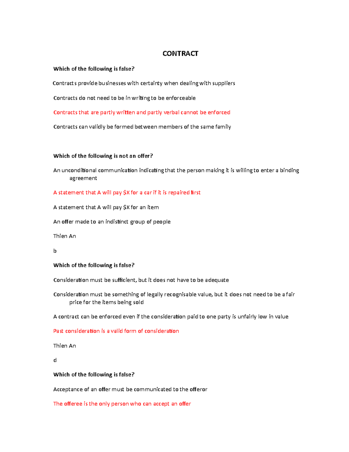 Contract quiz - CONTRACT Which of the following is false? Contracts ...