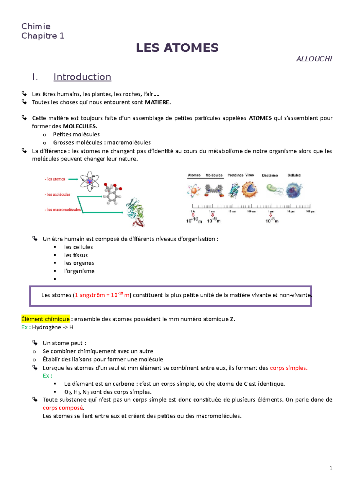 Cours 1. Les atomes (poly) - Chimie Chapitre 1 LES ATOMES ALLOUCHI I. Introduction Les êtres ...