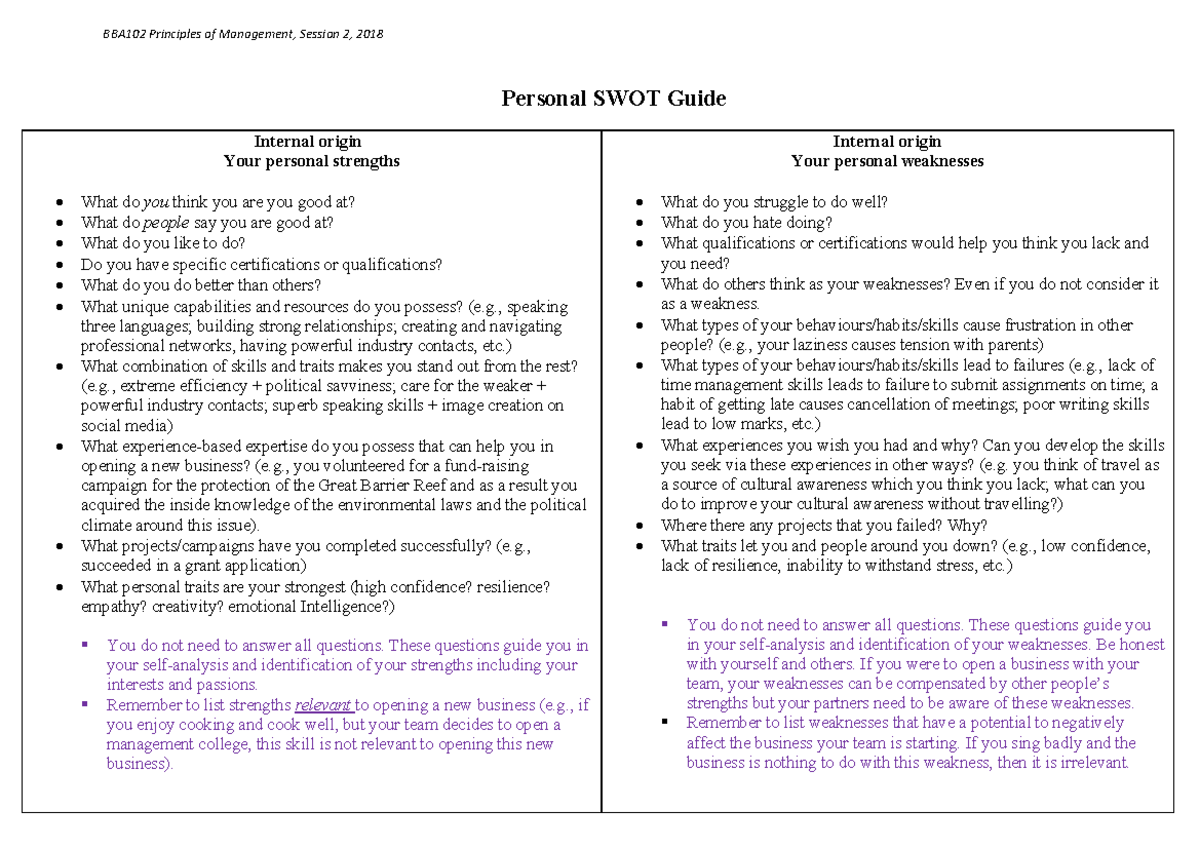 Personal SWOT Guide - BBA102 Principles of Management, Session 2 ...