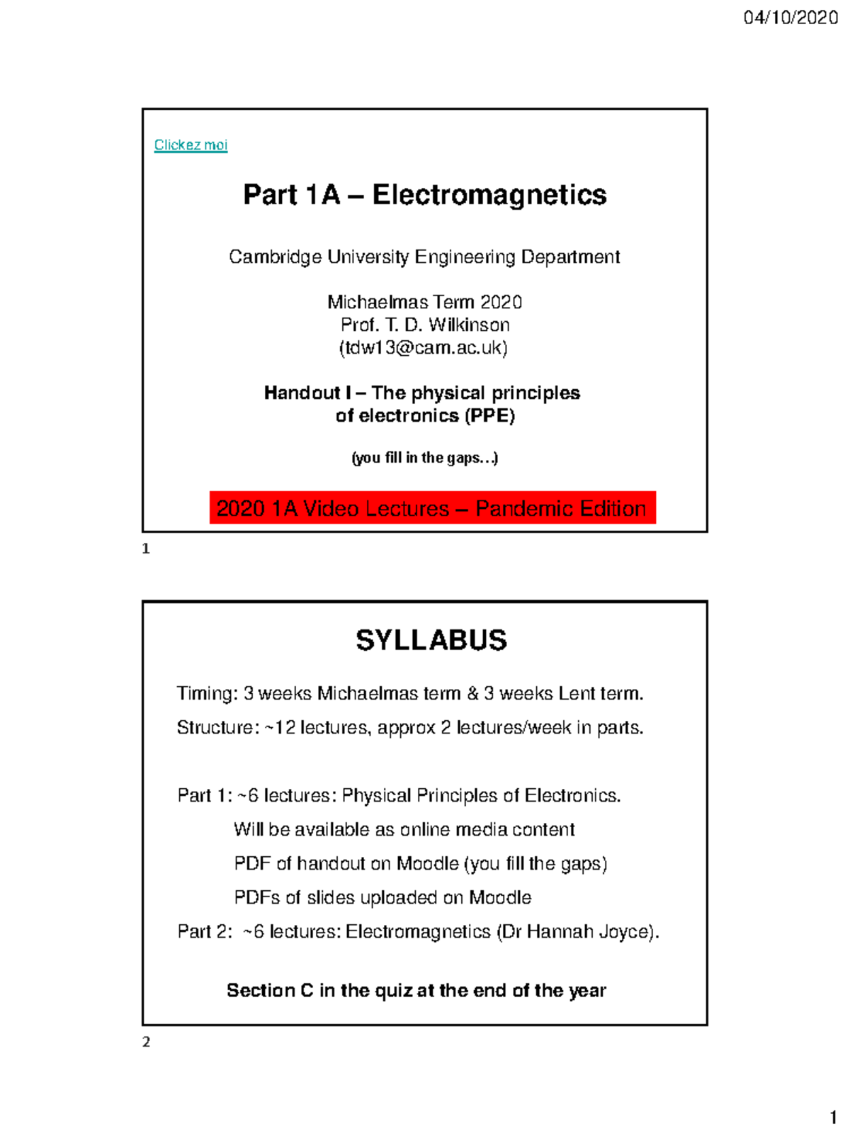 L01. Introduction to PPE - Part 1A – Electromagnetics Cambridge University Engineering ...
