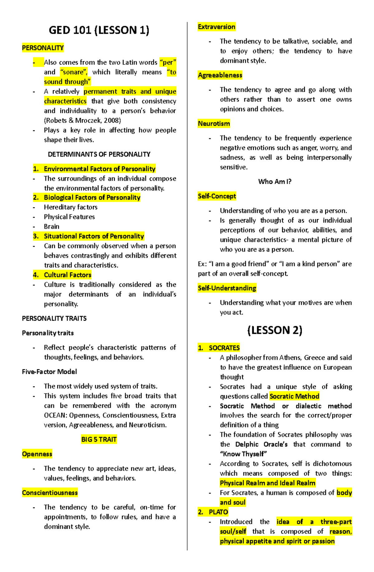 UTS-Reviewer - n\a - GED 101 (LESSON 1) PERSONALITY - Also comes from ...