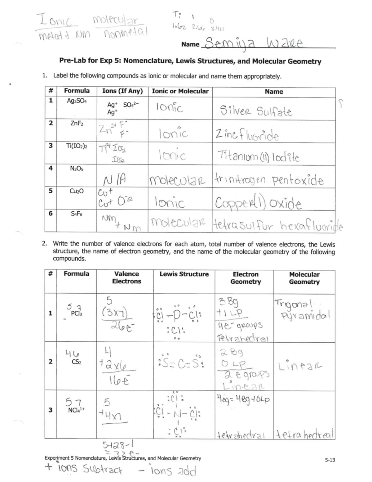 Prelab 5 - N/a - I onic molecular Ti 0 metatt NM nonmetal 1062 2 3 Name ...