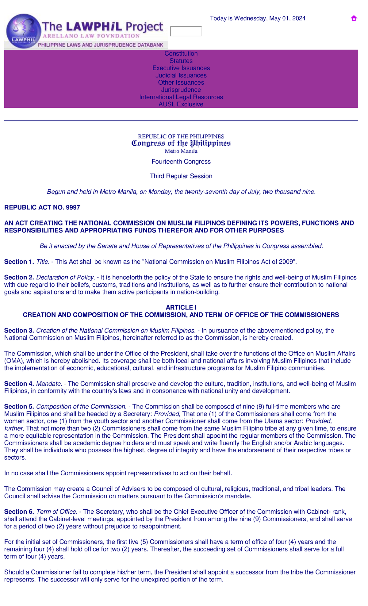 Republic ACT NO. 9997 - NCMF ACT - Today is Wednesday, May 01, 2024 ...