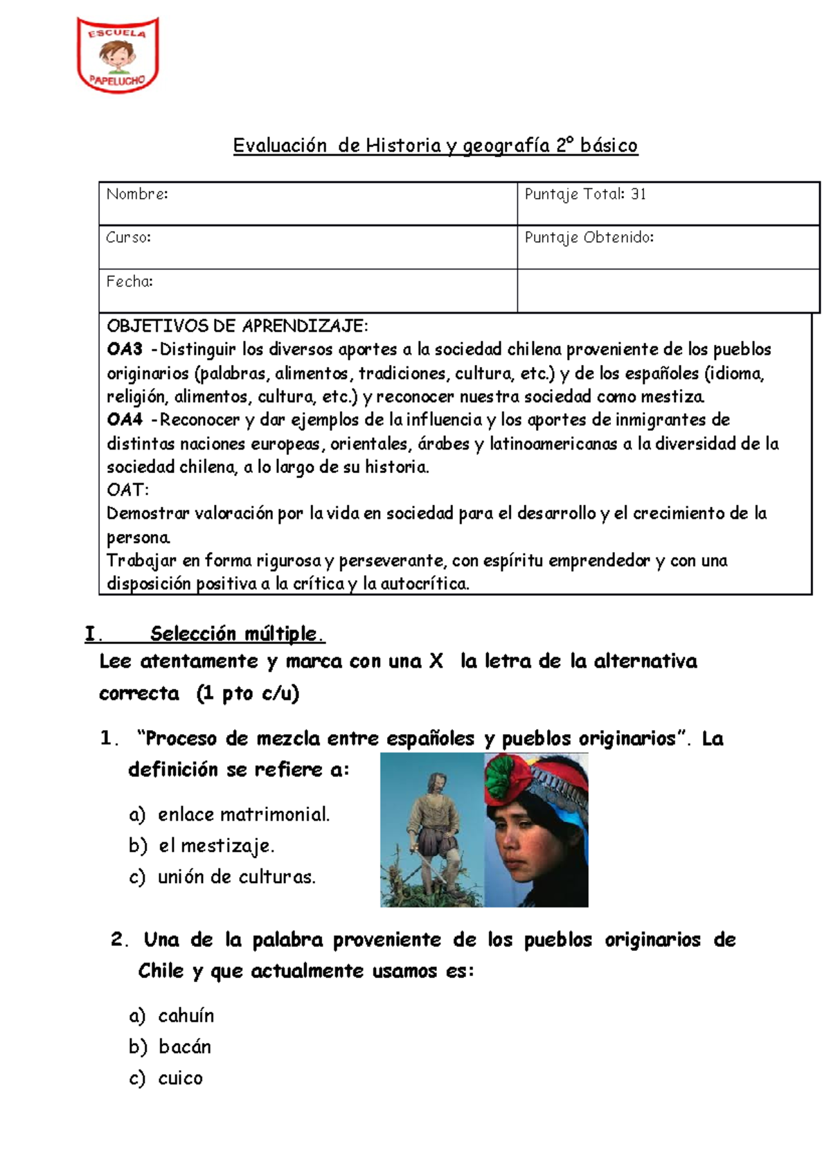 340196520 Prueba Mestizaje e Inmigrantes - Evaluación de Historia y ...