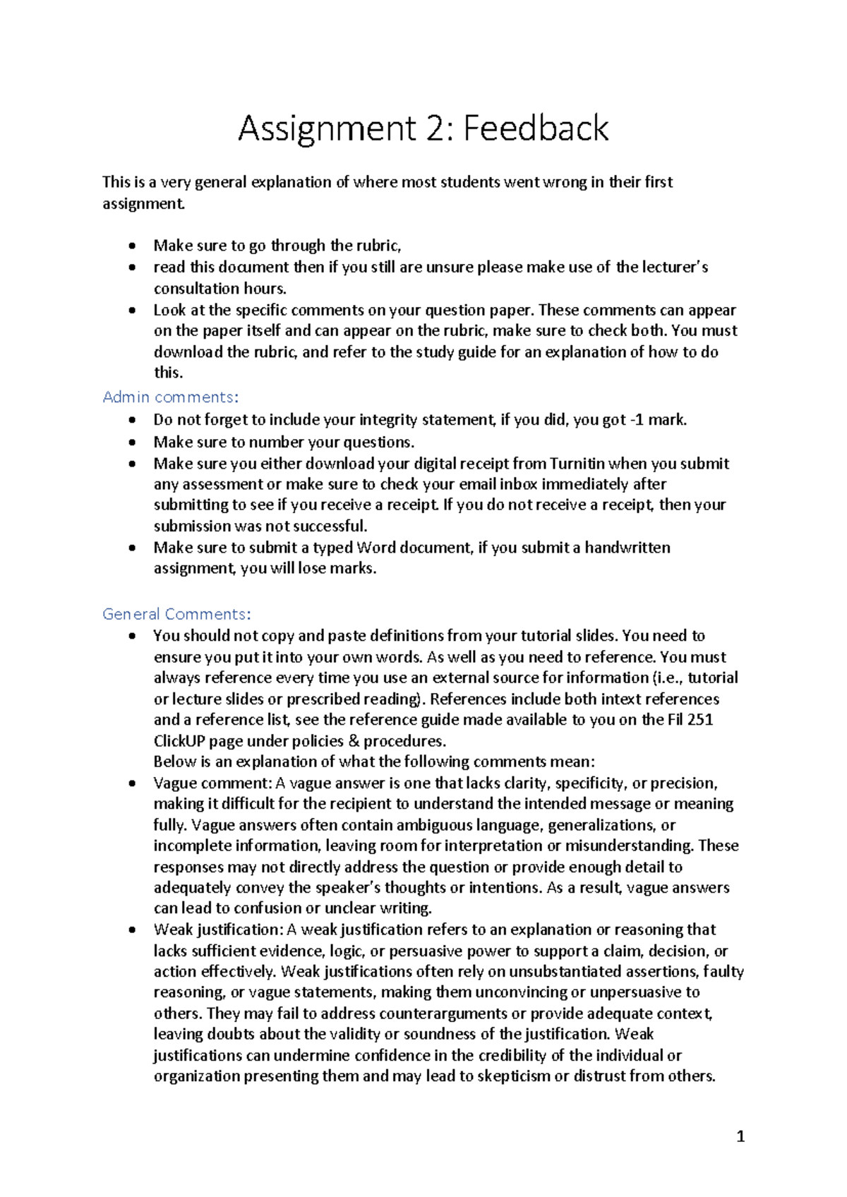 Assignment 2 Feedback - 1 Assignment 2: Feedback This is a very general ...