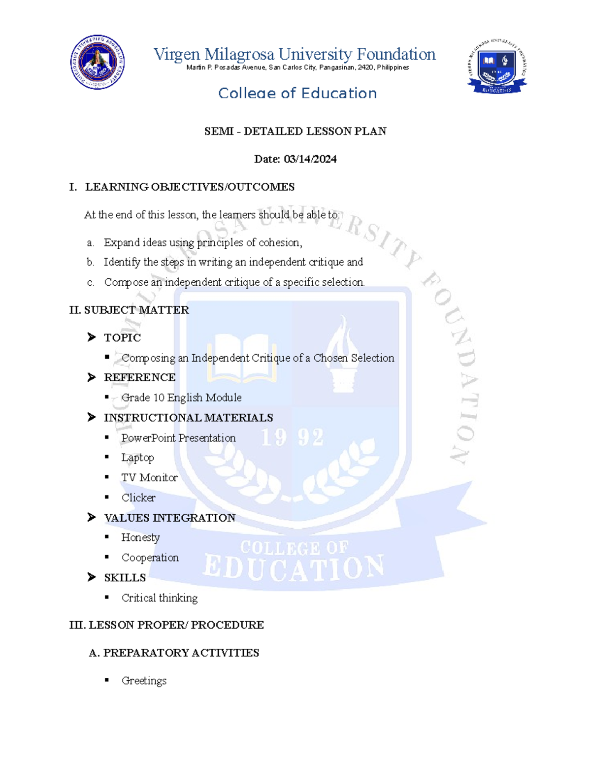 Compose G10 - G10 lesson plan - Martin P. Posadas Avenue, San Carlos ...