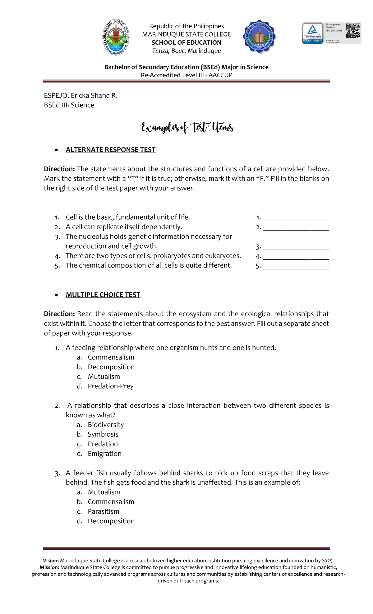 Espejo, Ericka Shane R. - [Sample Test Items] - Republic of the ...