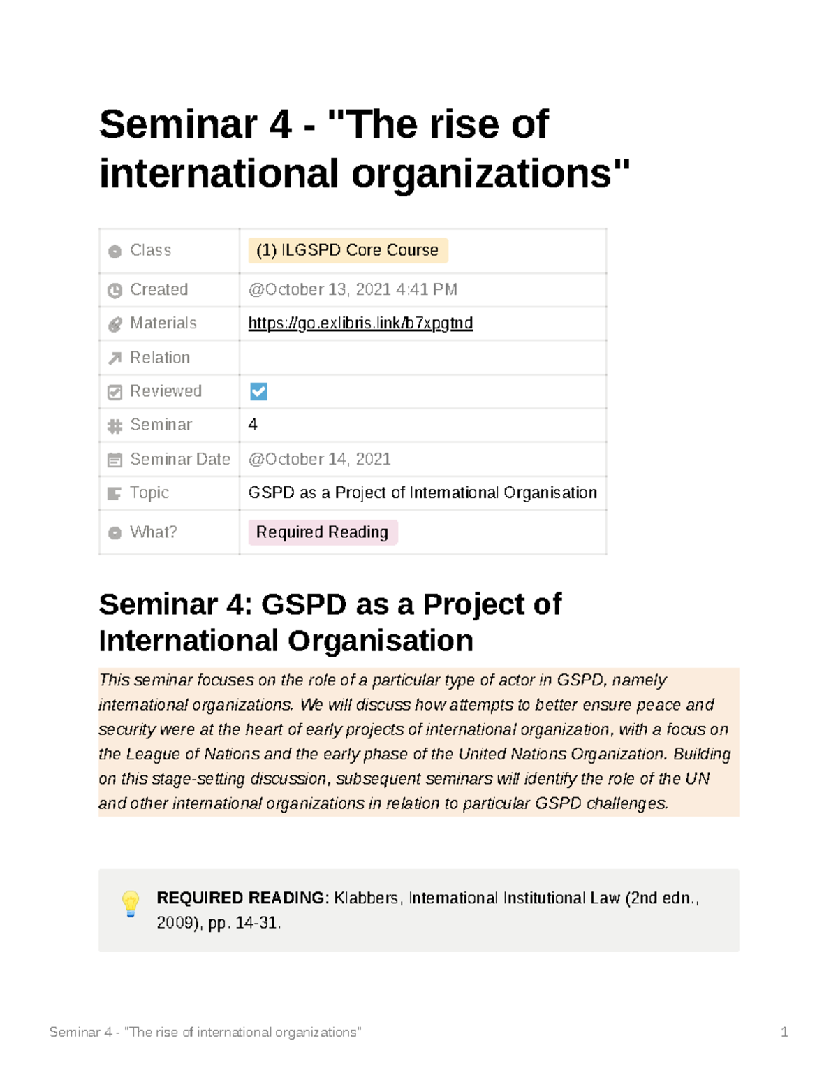 Seminar 4 - The rise of international organizations - LAW5189 - Studocu