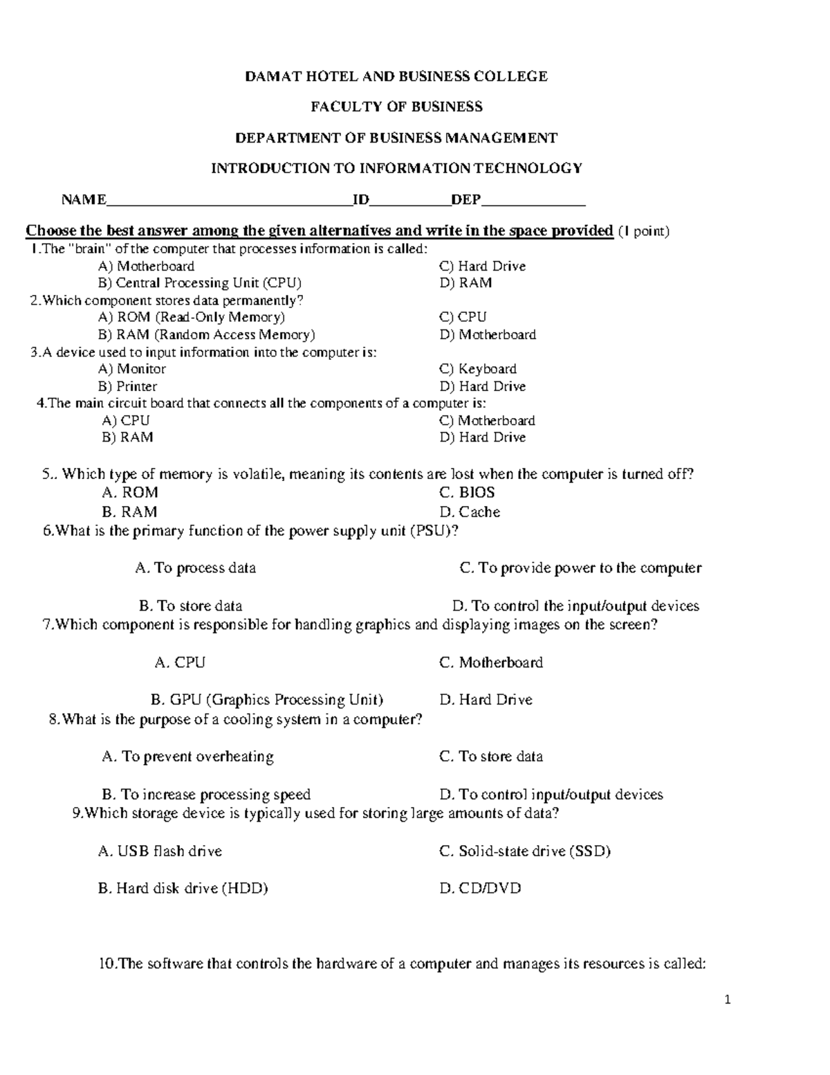 Multiple Choice Questions on Computer Hardware Parts - DAMAT HOTEL AND ...