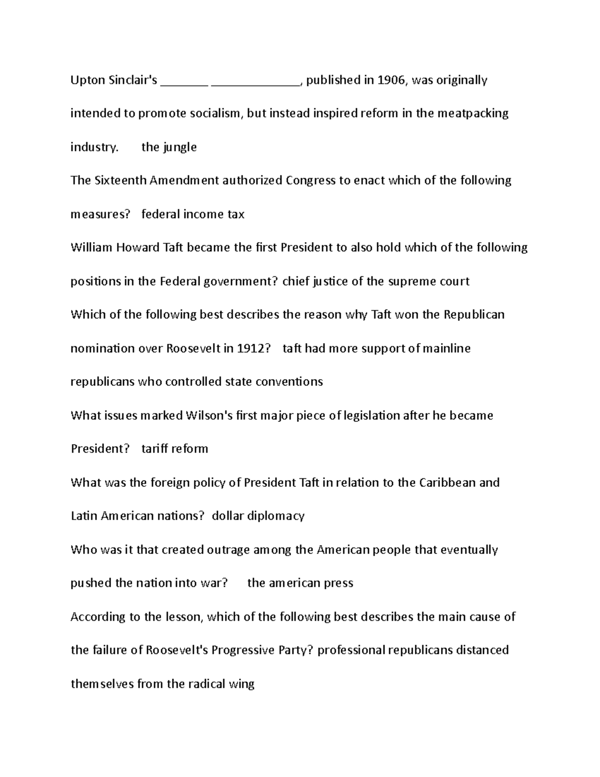 Quiz 10 history - quiz 10 - Upton Sinclair's ...