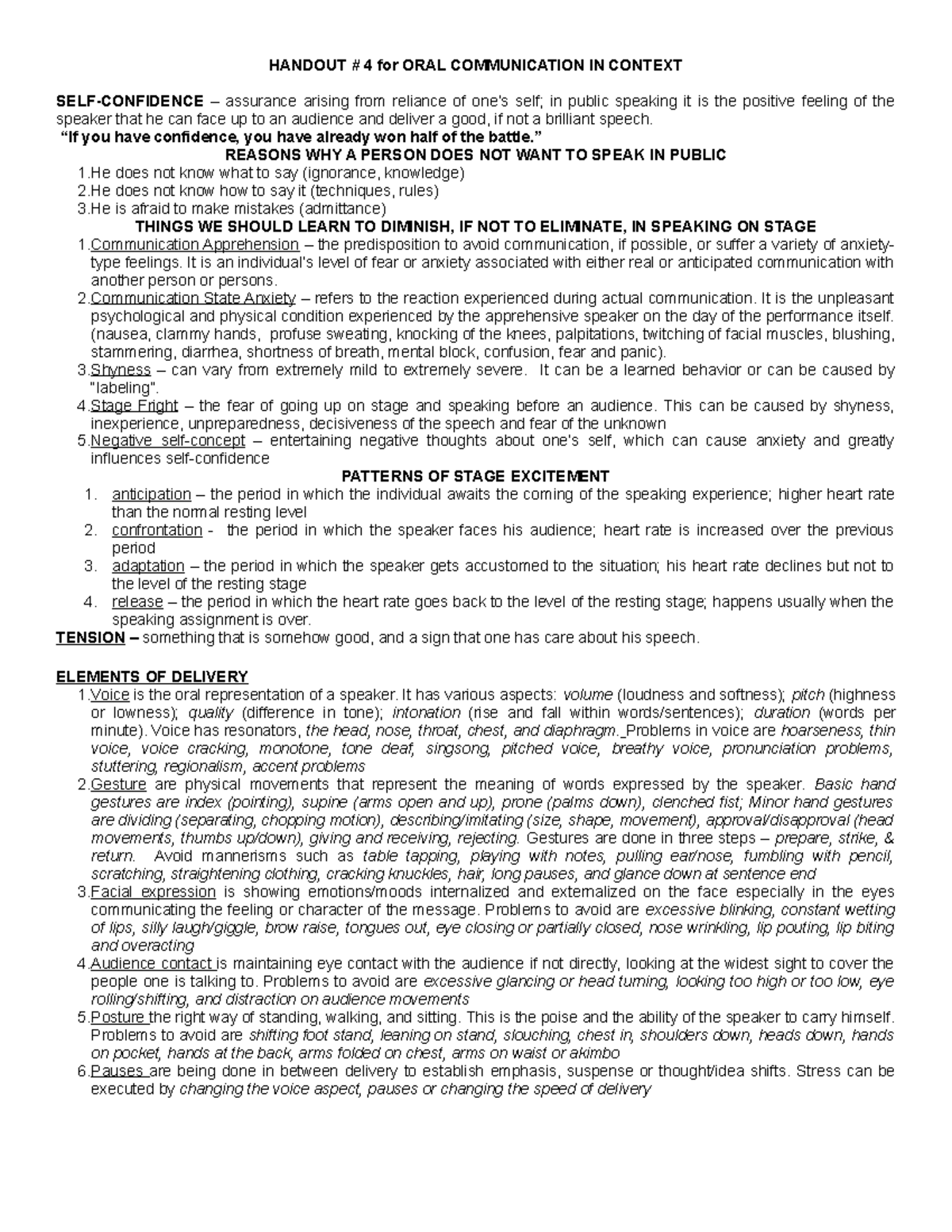 Handout ON Elements OF Delivery - HANDOUT # 4 for ORAL COMMUNICATION IN ...