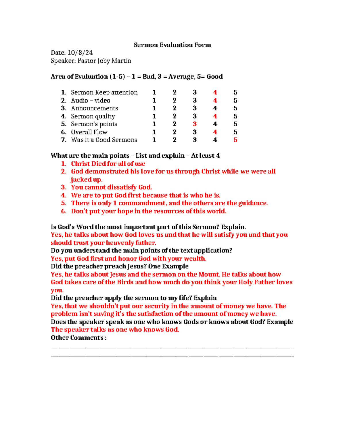 Sermon Evaluation Form - Sermon Evaluation Form Date: 10/8/ Speaker ...