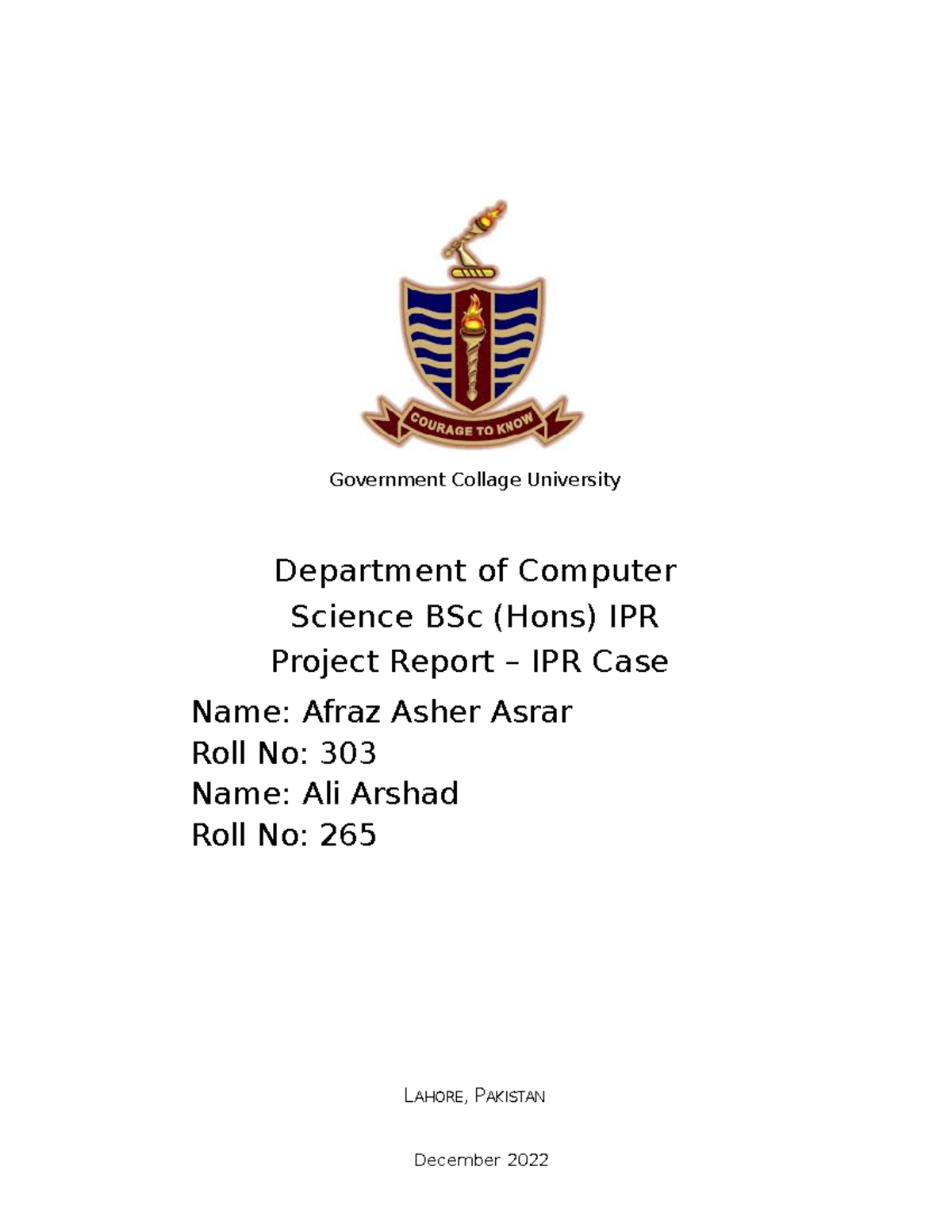 IPR Case Assignment - Government Collage University Department of ...