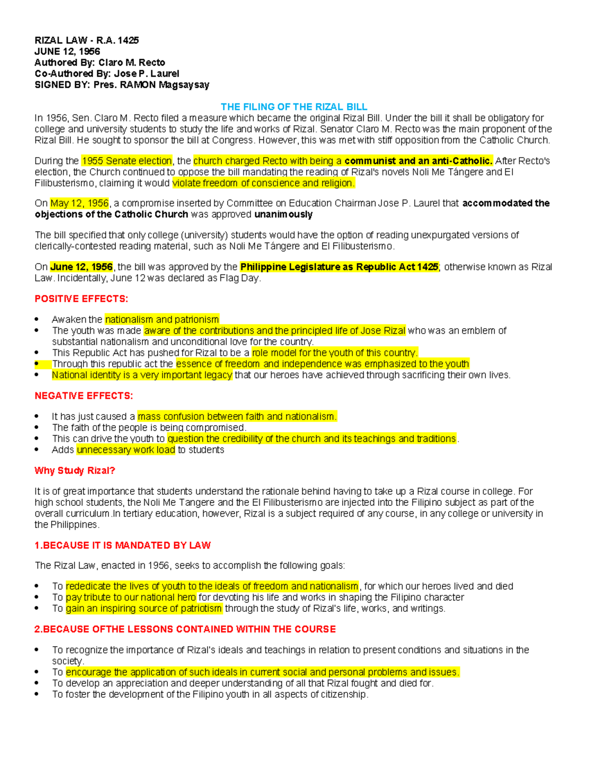 Rizal CHAP1 - RIZAL LAW - R. 1425 JUNE 12, 1956 Authored By: Claro M ...