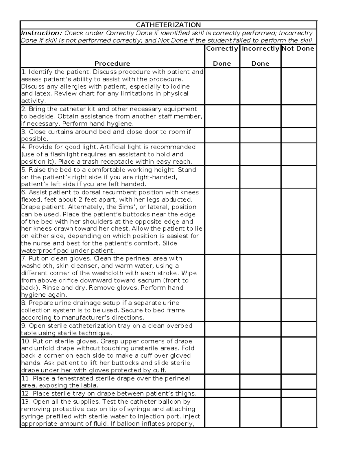 Catheterization- Checklist-1 - CATHETERIZATION Instruction: Check under ...