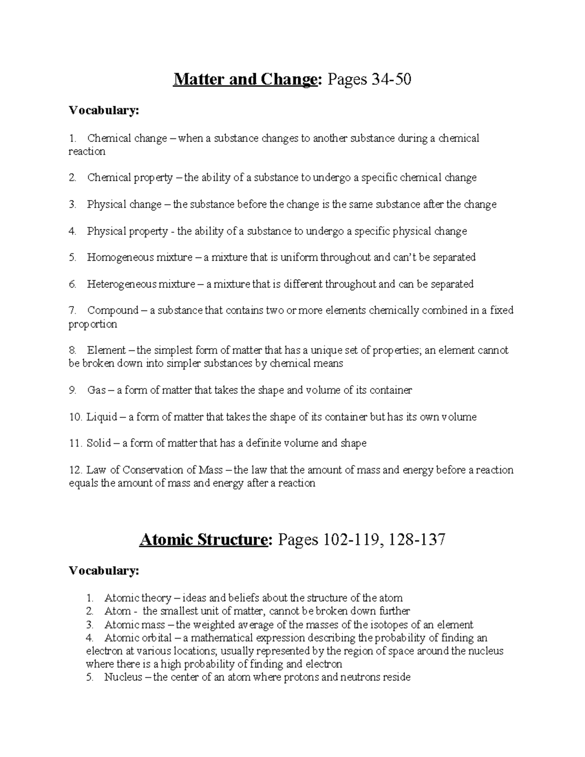 Semester One EOC review Packet Vocabulary-1 - Matter and Change: Pages ...