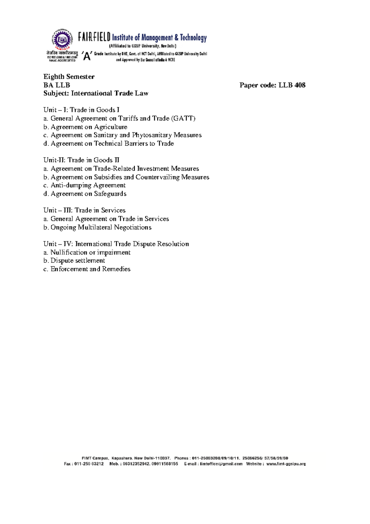 Ballb 408 - Bjnk - Eighth Semester BA LLB Paper code: LLB 408 Subject ...