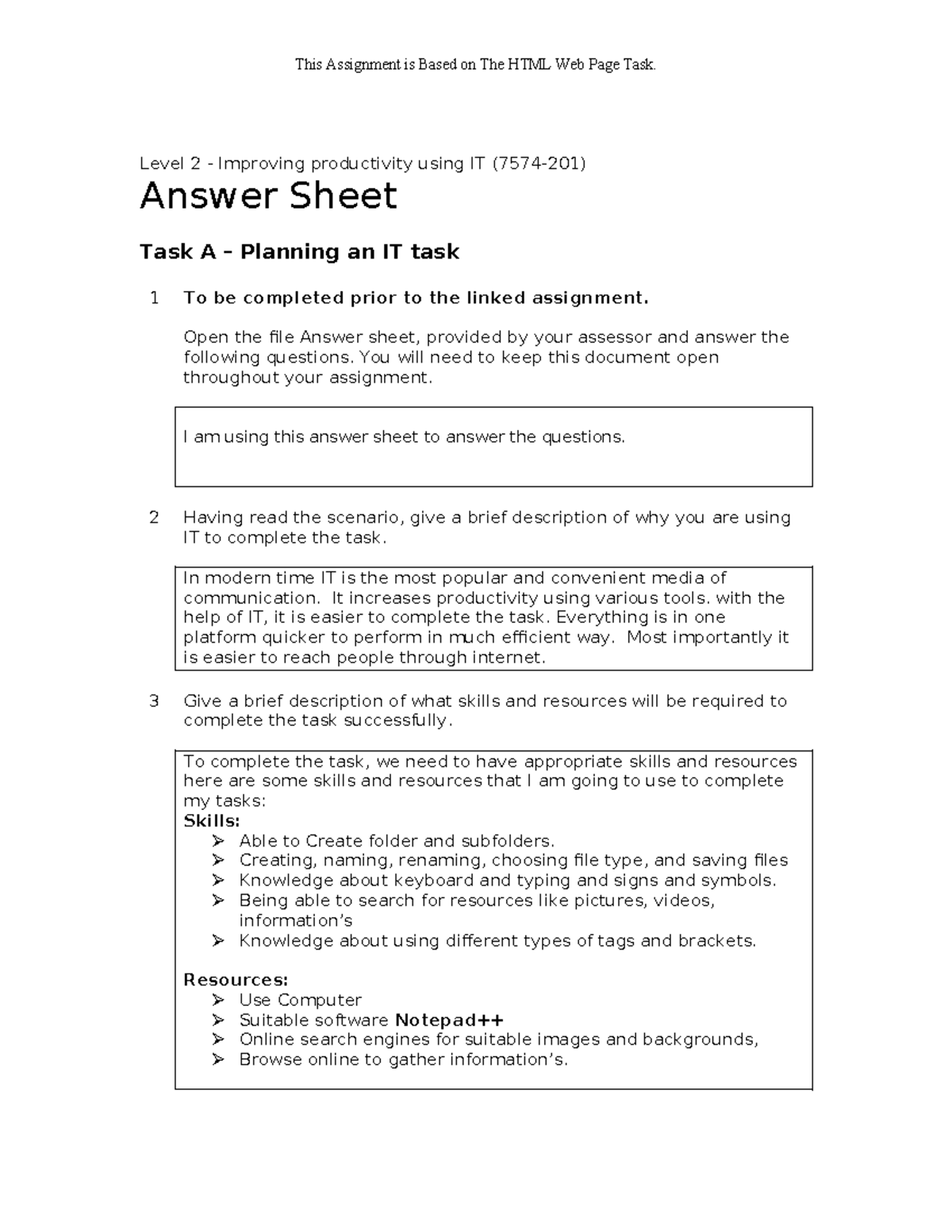 7574-201-IPU-Answer Sheet - Level 2 - Improving productivity using IT ...