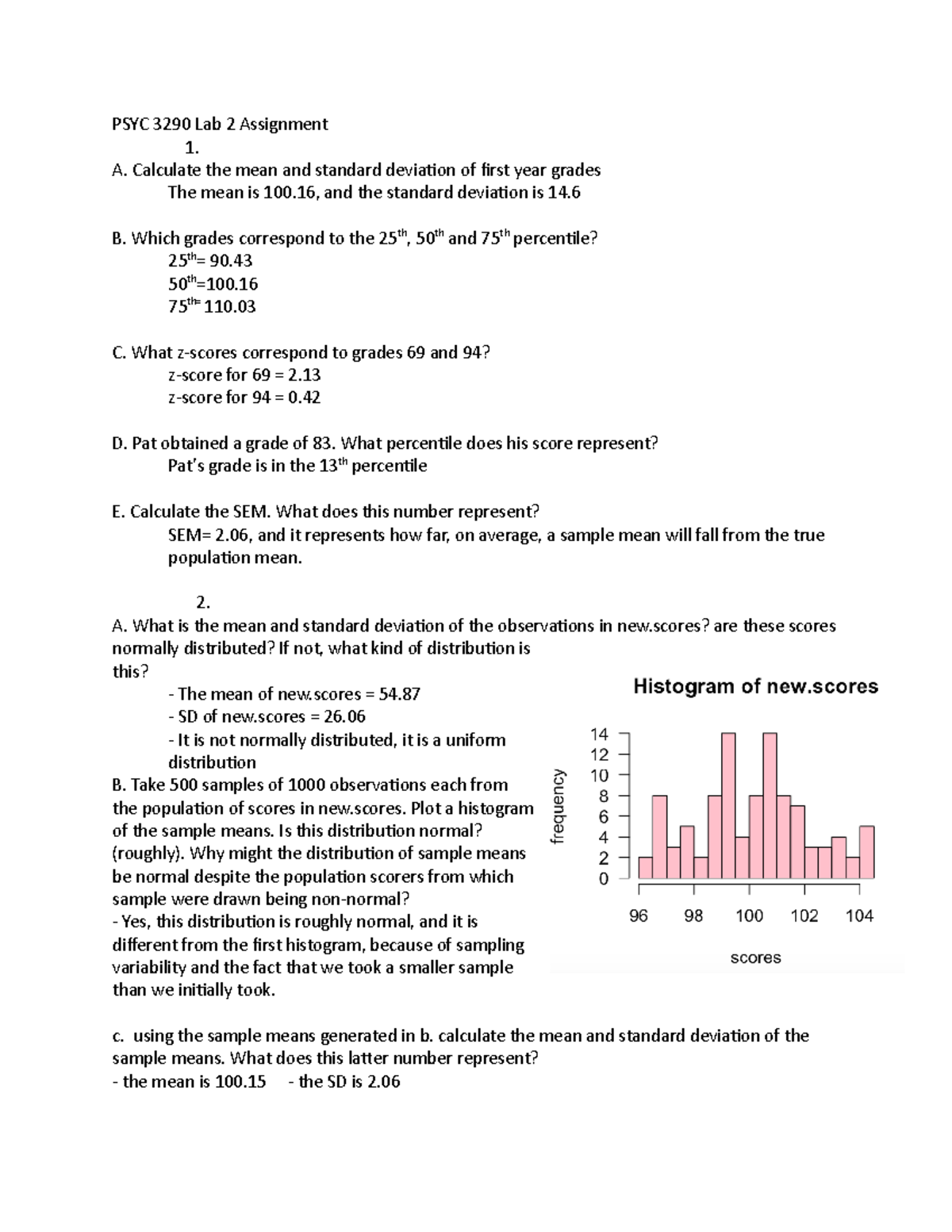 PSYC 3290 Lab 2 - PSYC 3290 Lab 2 Assignment 1. A. Calculate the mean ...