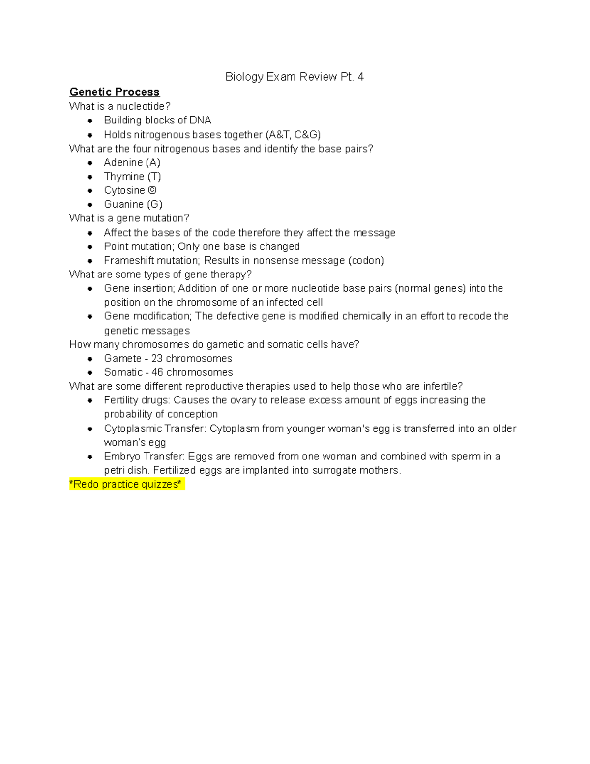 Biology Exam Review Pt. 4 - 4 Genetic Process What is a nucleotide ...