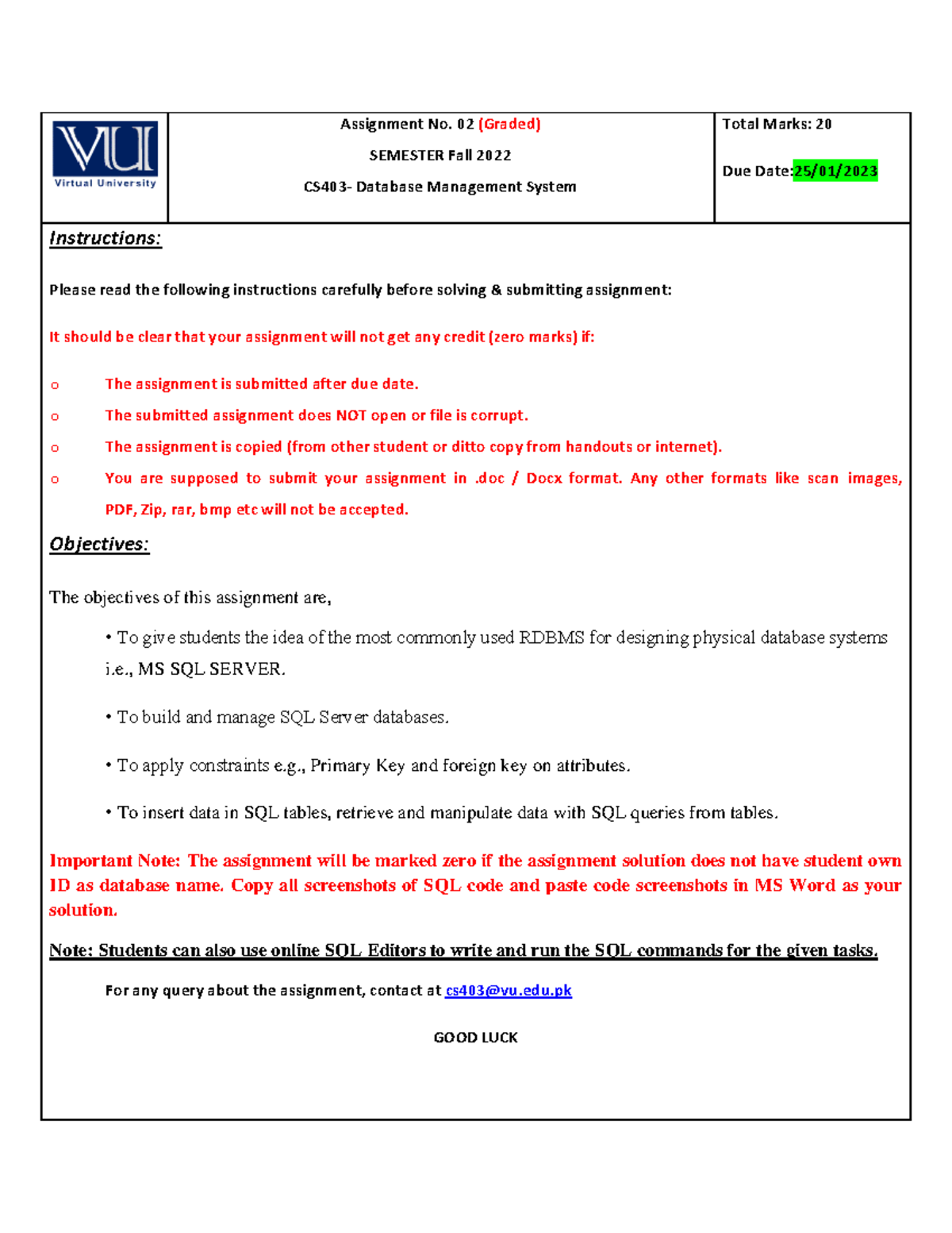 Fall 2022 CS403 2 - nothing to add - Assignment No. 02 (Graded) SEMESTER Fall 2022 CS403 ...