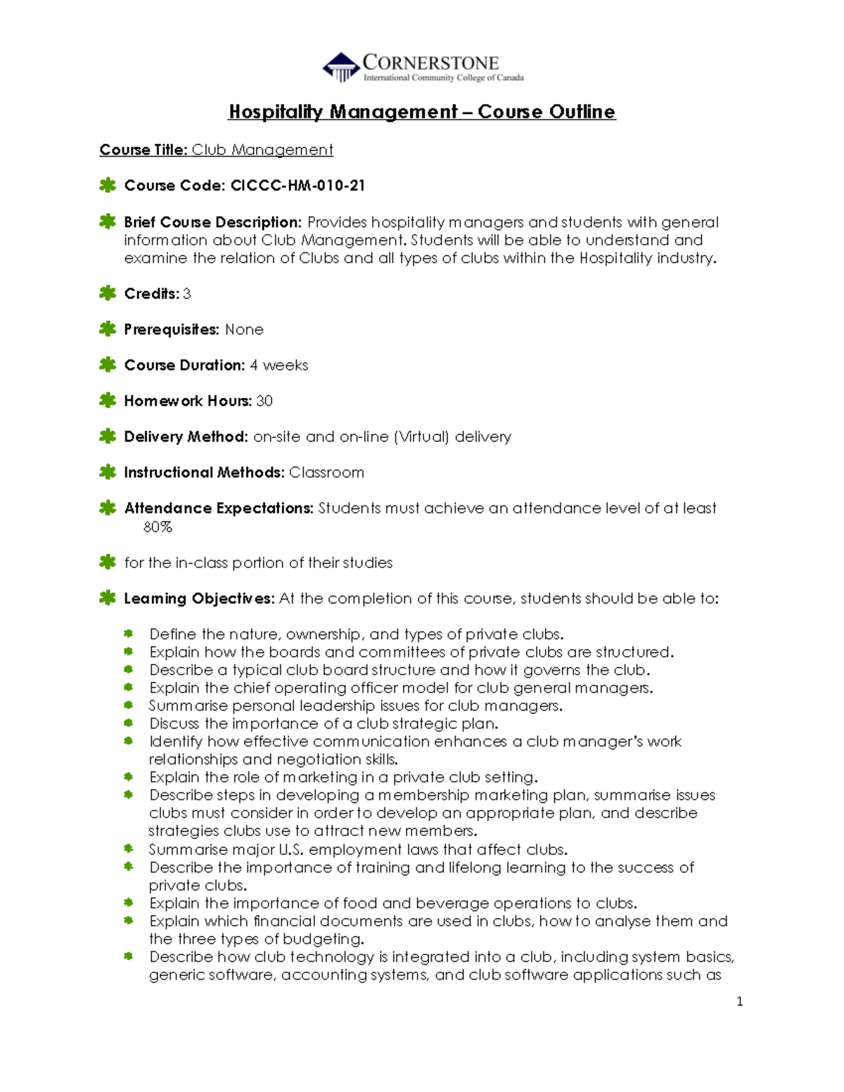 1695405875 Course Outline 313 CLUB MGMT 1 - Hospitality Management ...