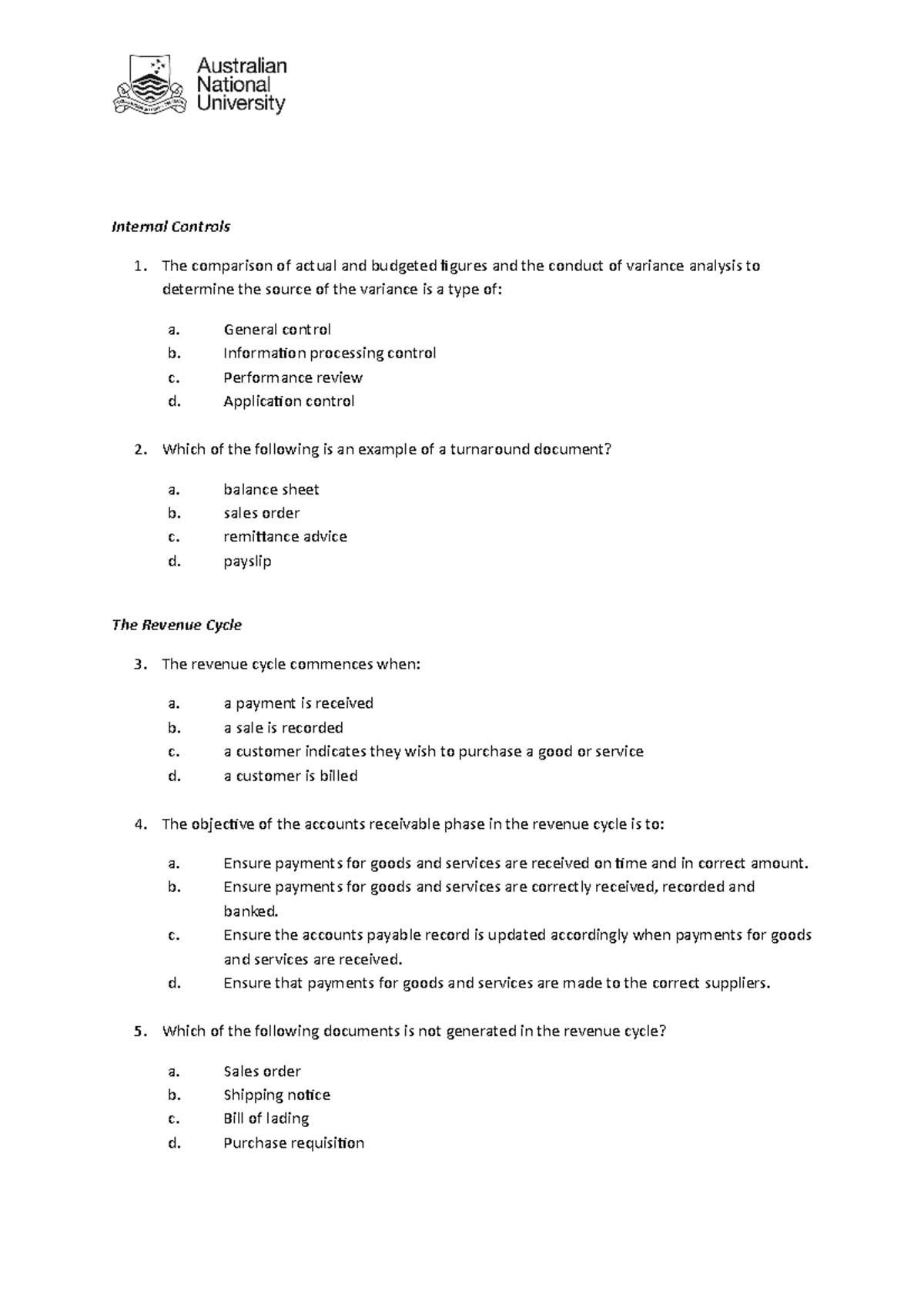 Final Exam 15 September 2019, questions and answers - Internal Controls ...
