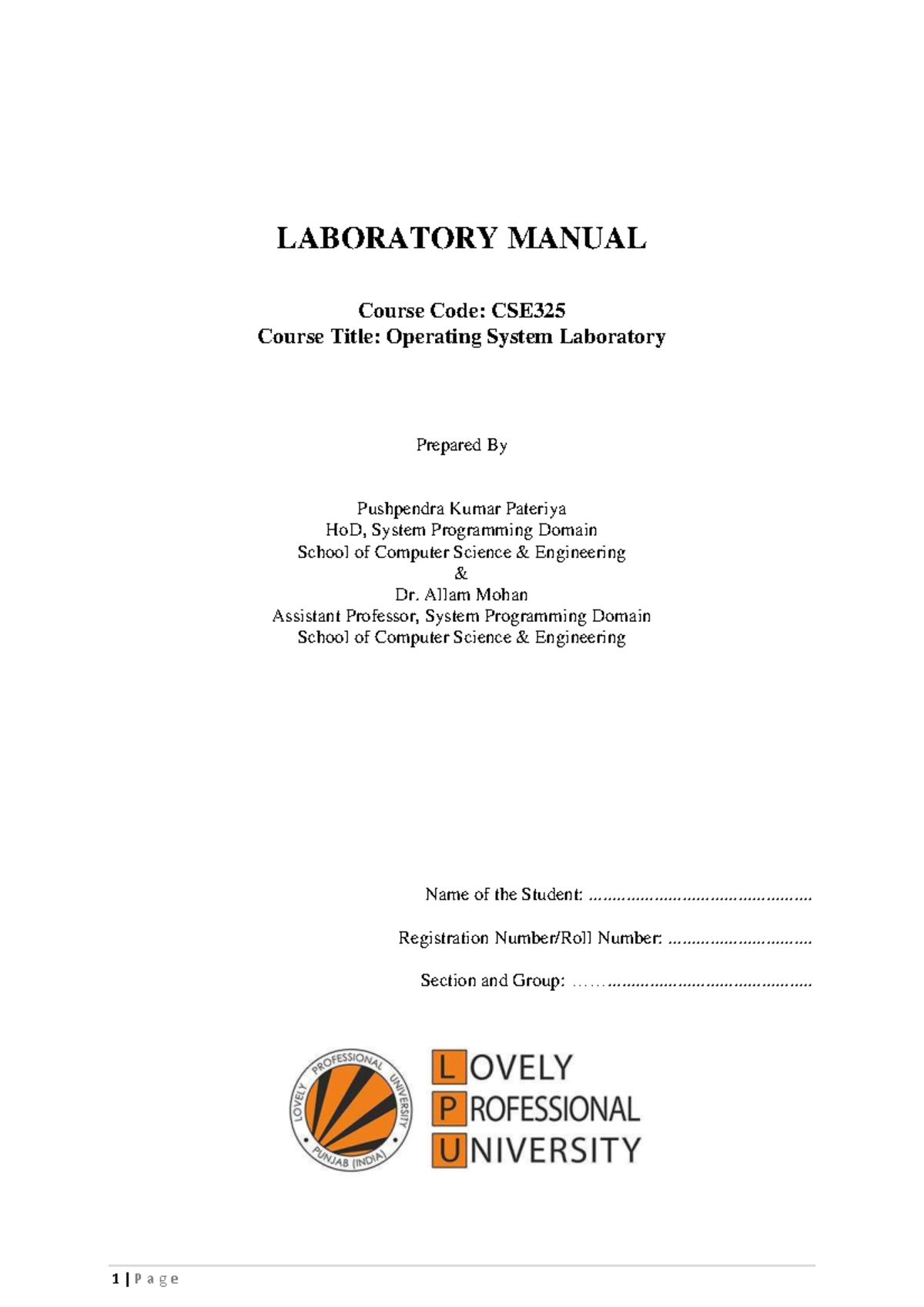 Manual - read - LABORATORY MANUAL Course Code: CSE Course Title: Operating System Laboratory ...