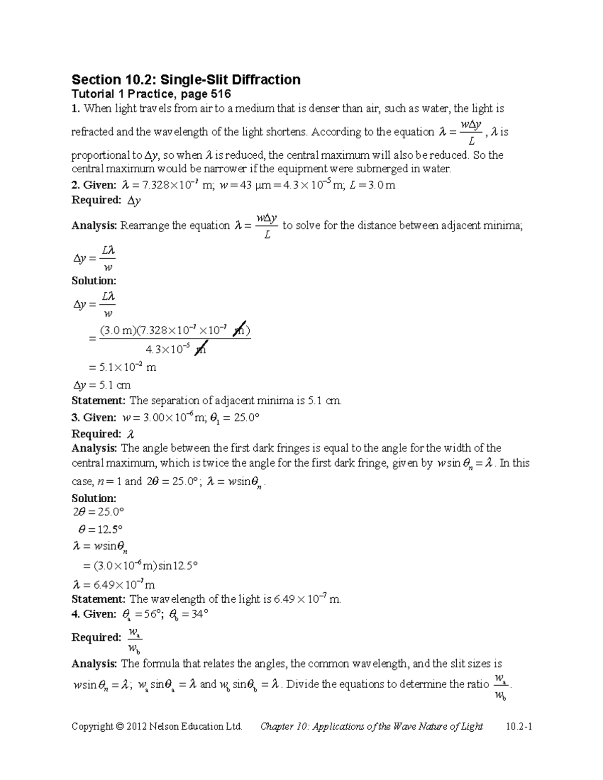 Phys12 sm 10 2 - ddadad - Section 10: Single-Slit Diffraction Tutorial 1 Practice, page 516 When ...