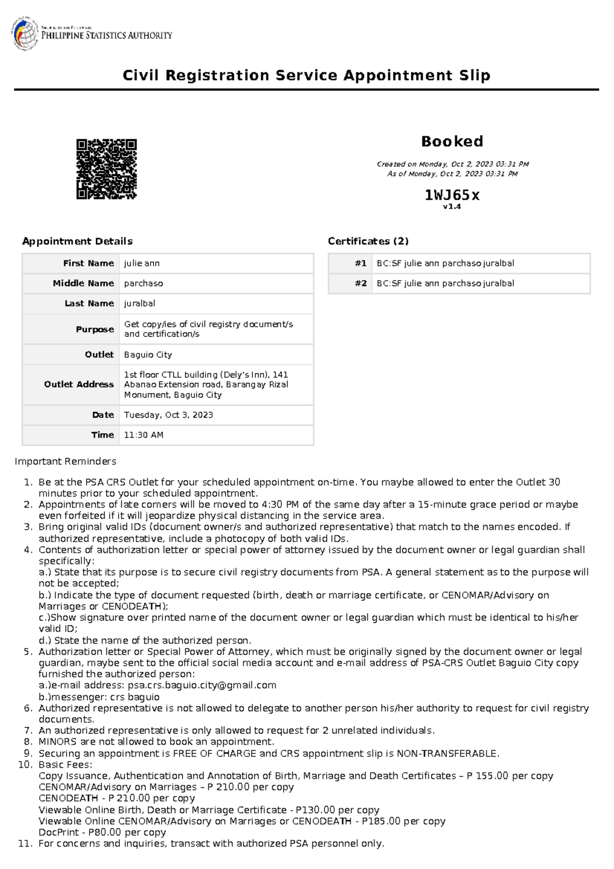 1WJ65x - Judt - Civil Registration Service Appointment Slip Booked ...