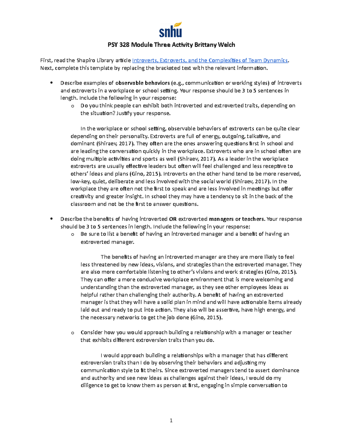 PSY 328 Module Three Activity Brittany Welch - Next, complete this ...