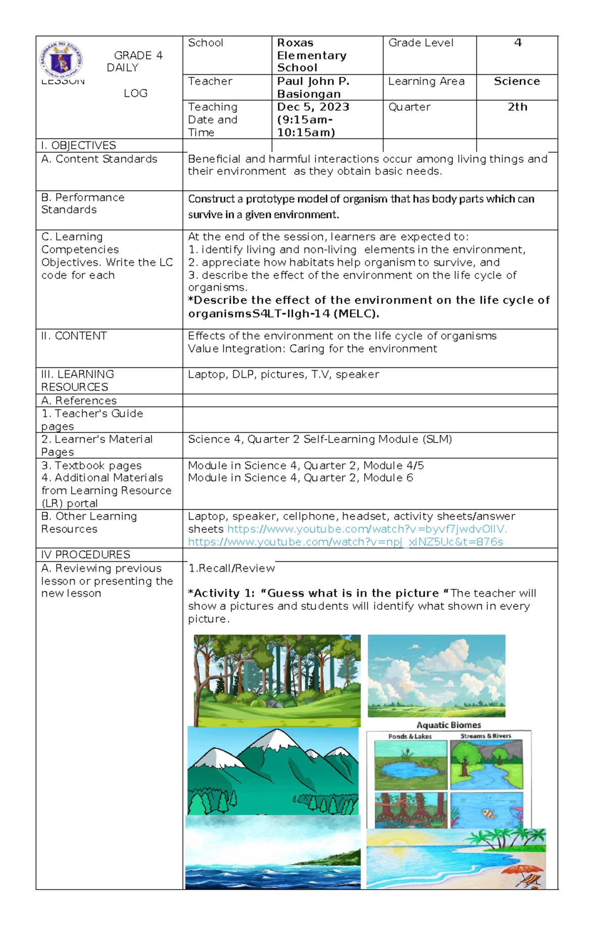 Fina print Lesson Plan Science Observation Teaching - c GRADE 4 DAILY ...