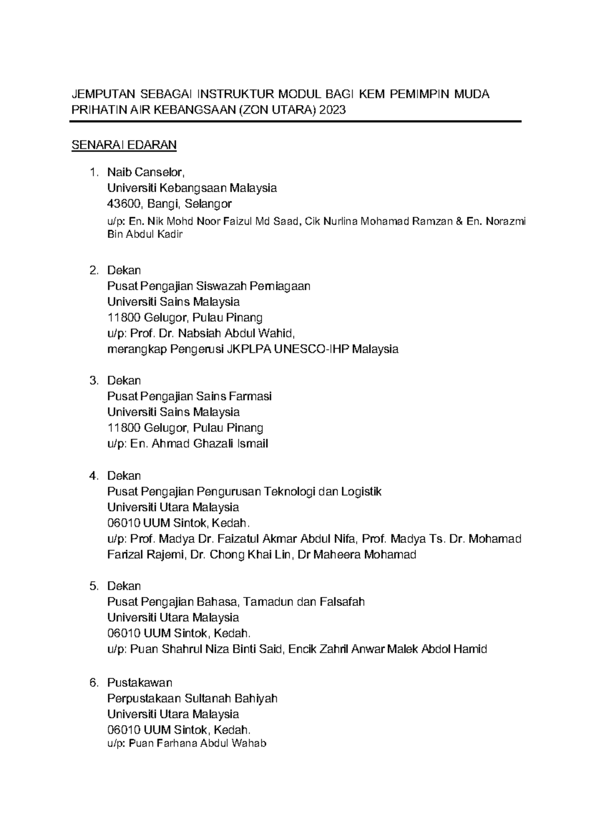 Senarai Edaran - Sulam Project - JEMPUTAN SEBAGAI INSTRUKTUR MODUL BAGI ...