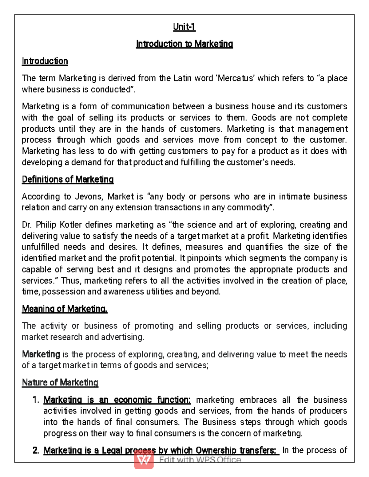 Intro to marketing - Unit- Introduction to Marketing Introduction The ...