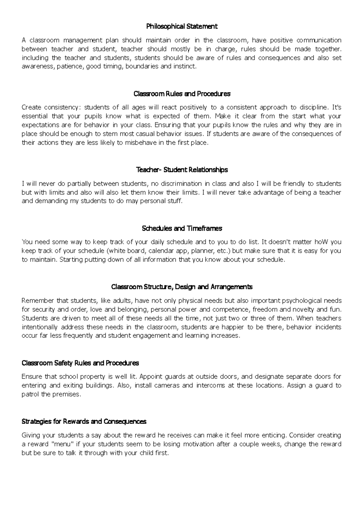 Classroom Manangement - Copy - Philosophical Statement A classroom ...