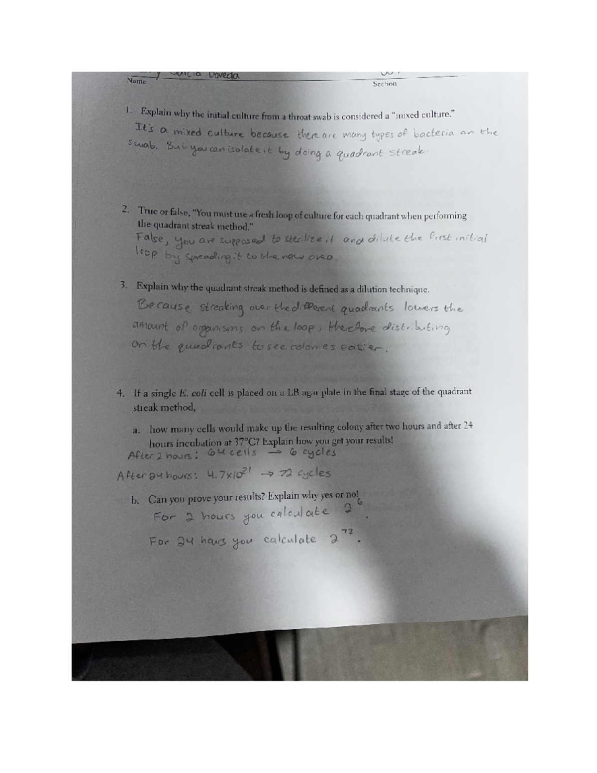 MCB ch 10 - lab assignment - w Doveda Name Section 1. Explain why the initial culture from a ...