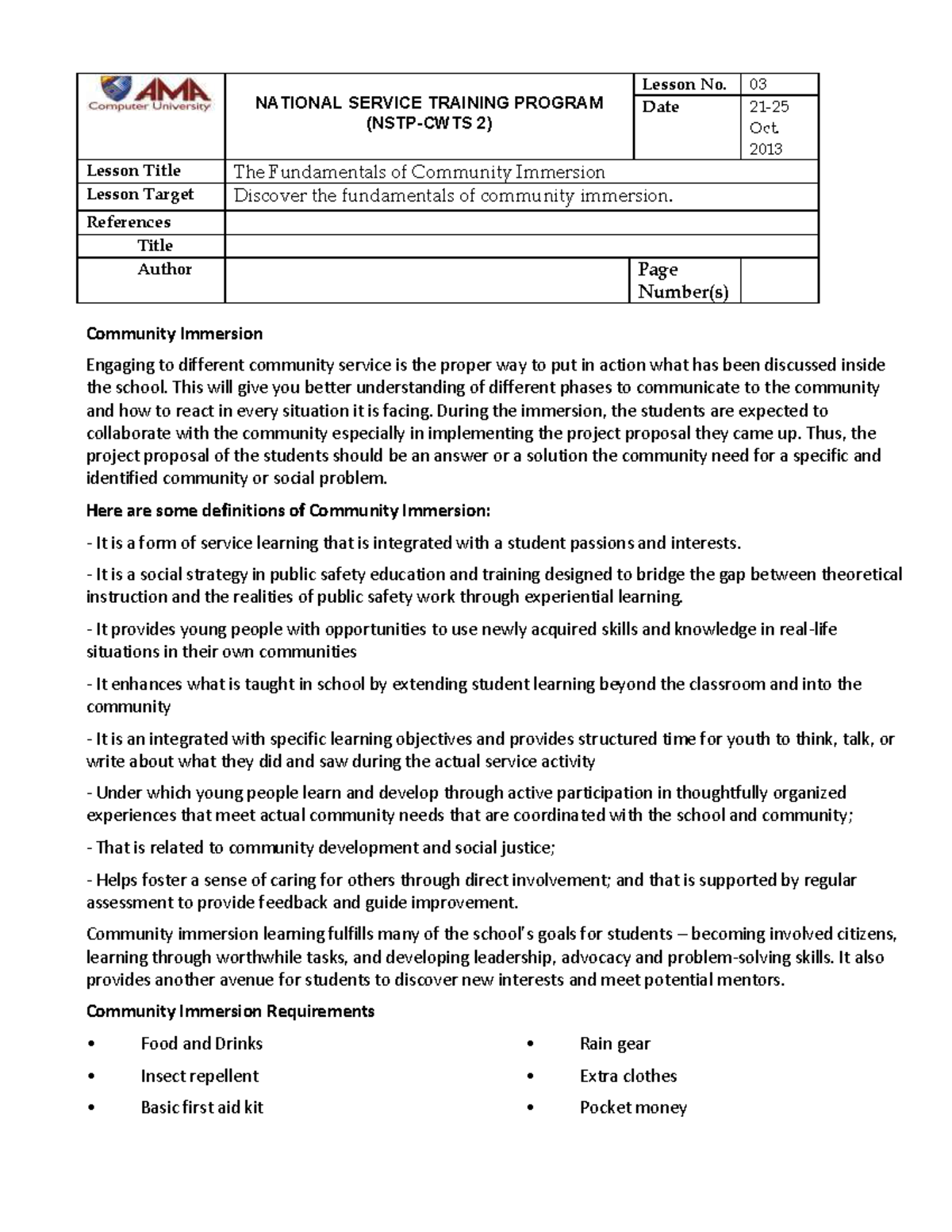 Week 6-7 - Fundamental of Community Immersion - NATIONAL SERVICE ...