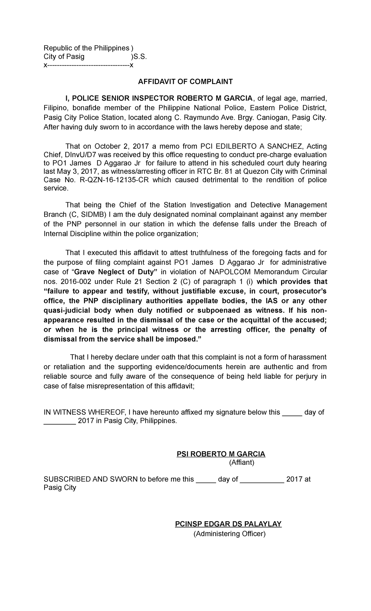 371105636 Affidavit of Complaint - Republic of the Philippines ) City ...