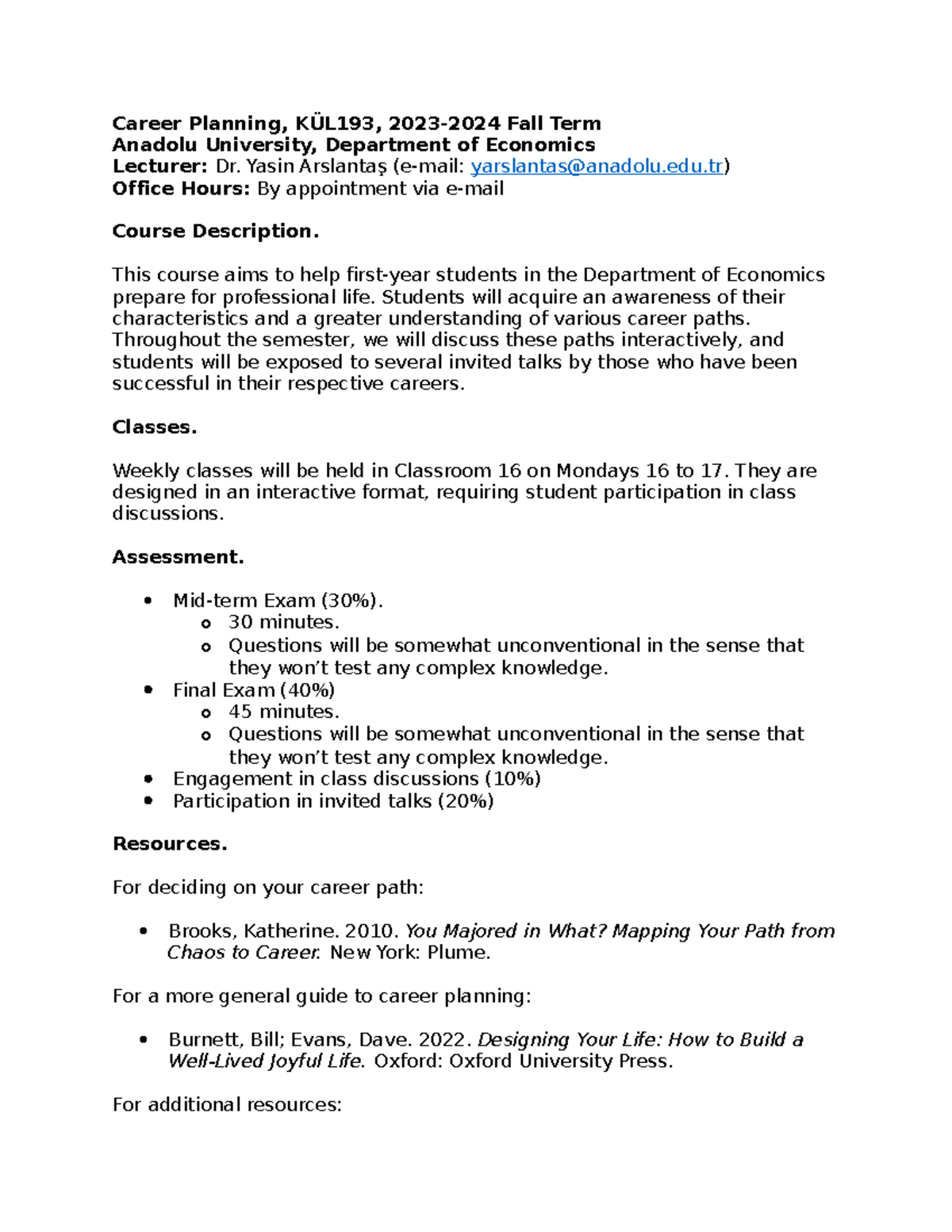 Career Planning Syllabus - Career Planning, KÜL193, 2023-2024 Fall Term ...