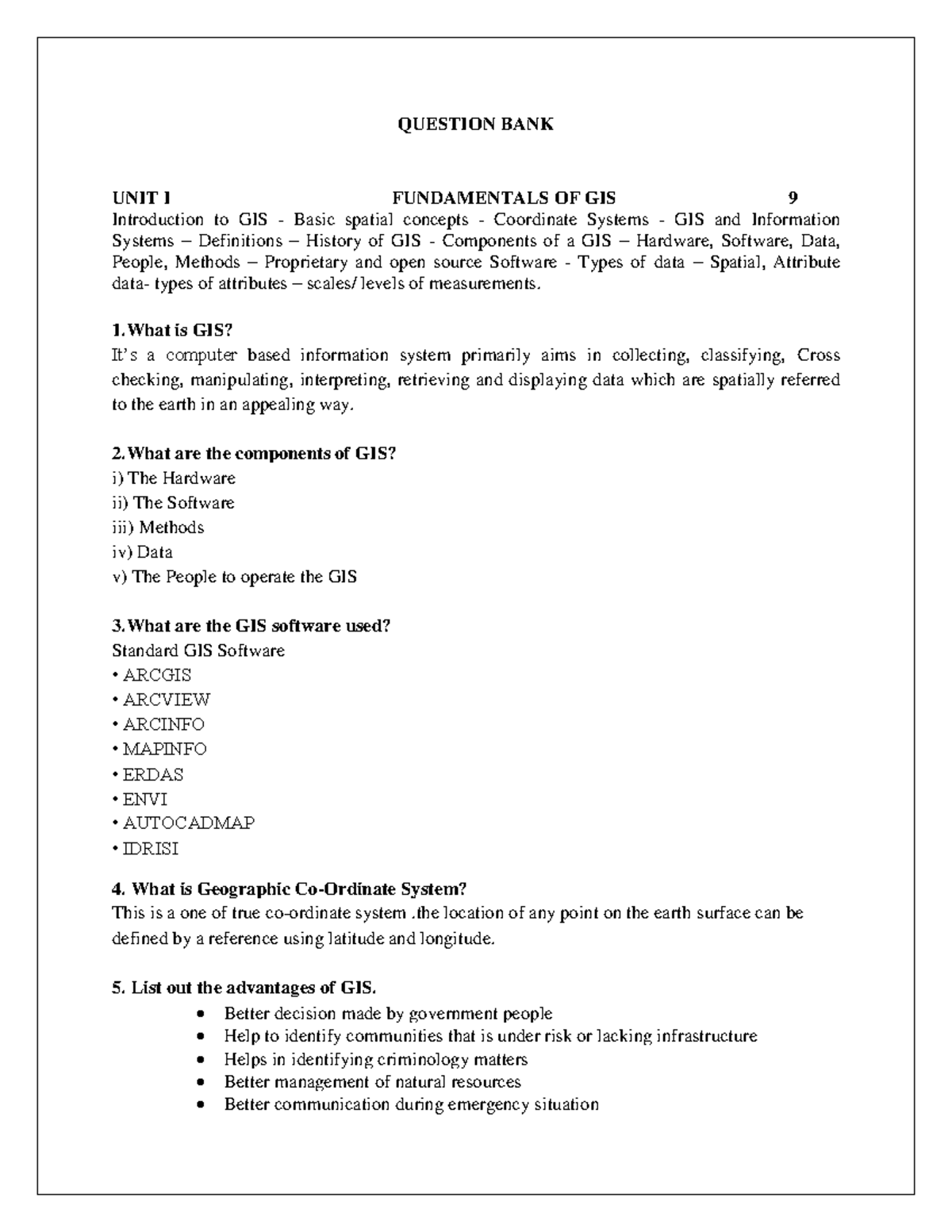 Question bank GIS - QUESTION BANK UNIT I FUNDAMENTALS OF GIS 9 ...