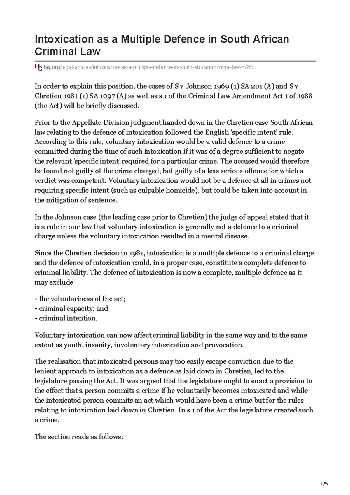 Intoxication as a Multiple Defence in South African Criminal Law ...