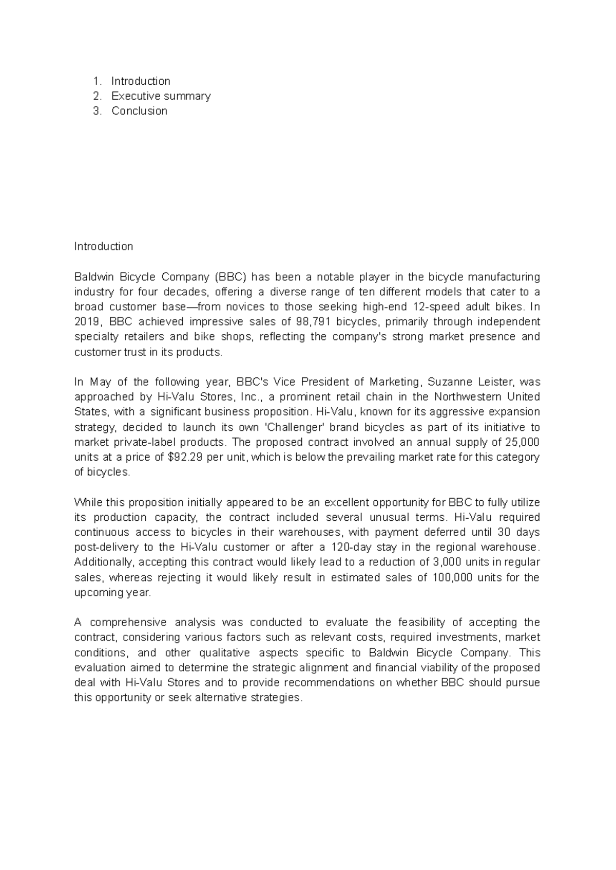 Case study 2-Group 6 - Introduction Executive summary Conclusion Introduction Baldwin Bicycle ...