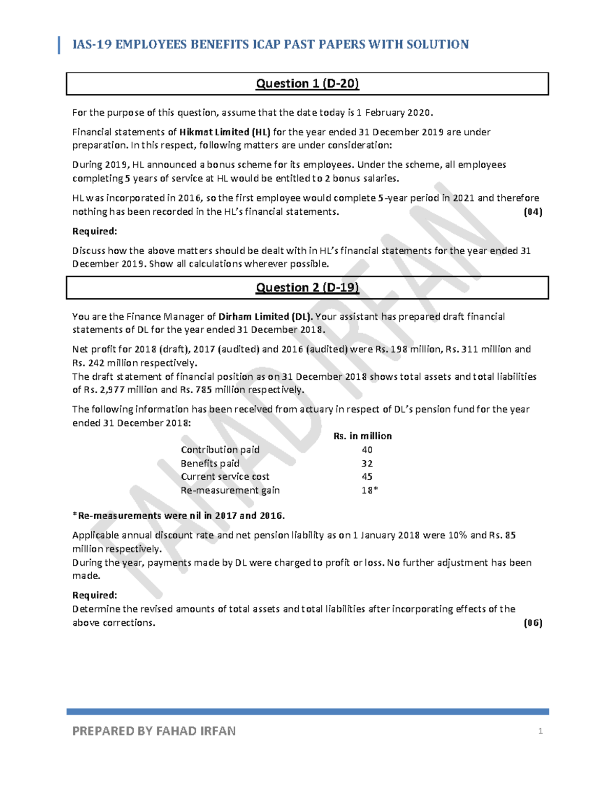 AAFR IAS 19 ICAP PAST Papers WITH Solution - Question 1 (D-20) For the ...