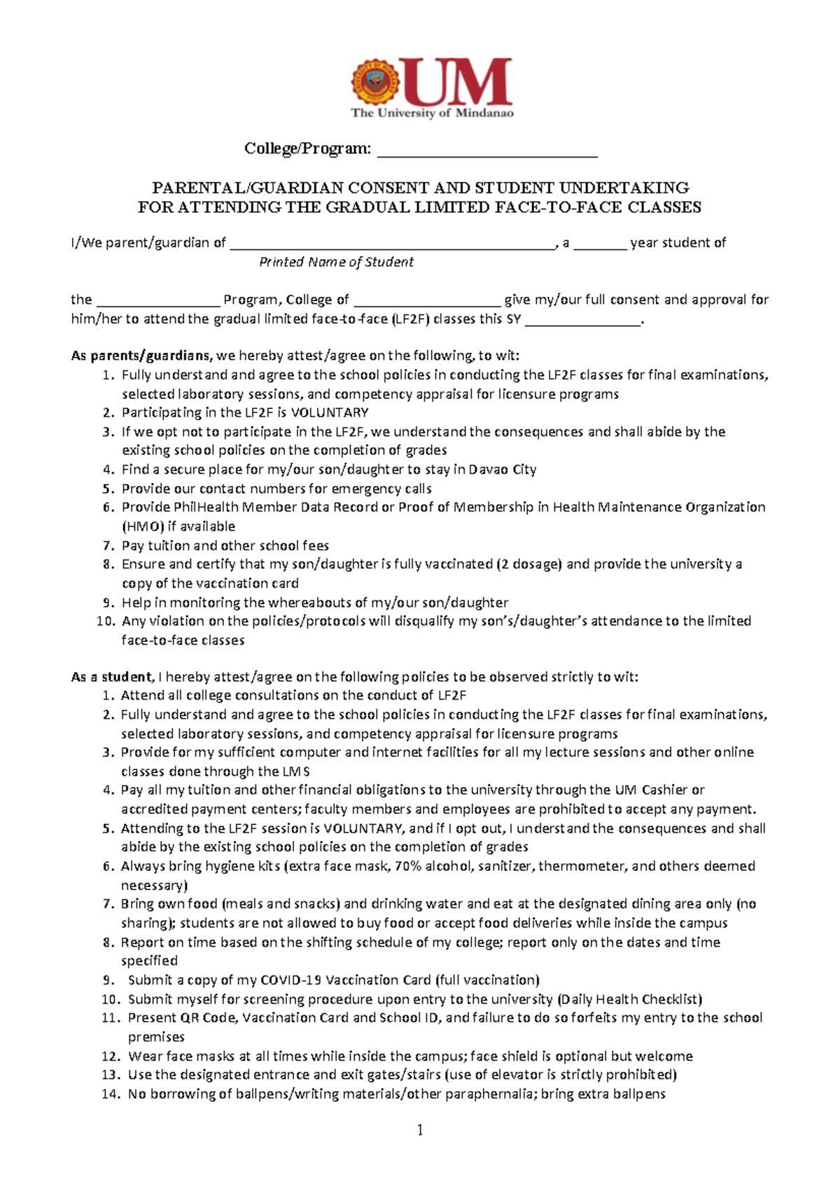 LF2F Parental Consent Student Undertaking MAIN - 1 College/Program