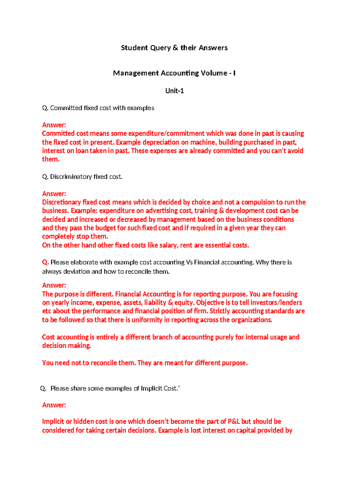 Management Accounting Student Query Answers - Student Query & their ...