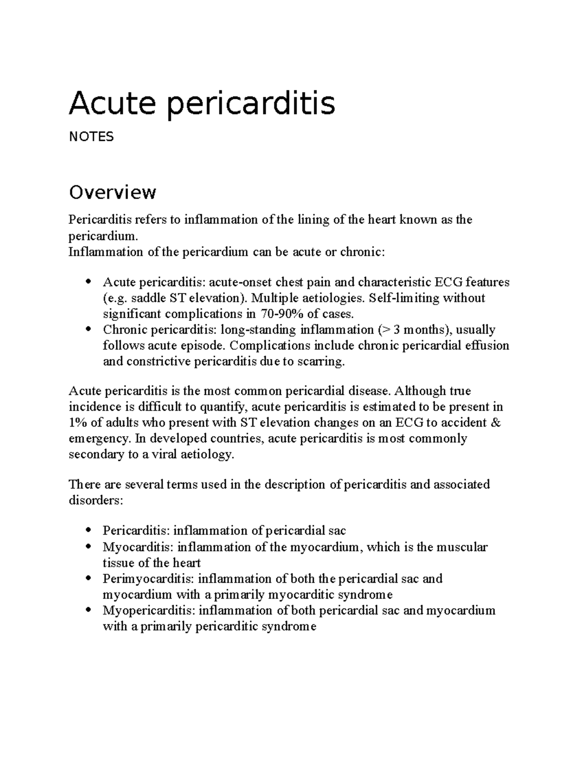 Acute pericarditis - Lecture notes 1 - Acute pericarditis NOTES ...