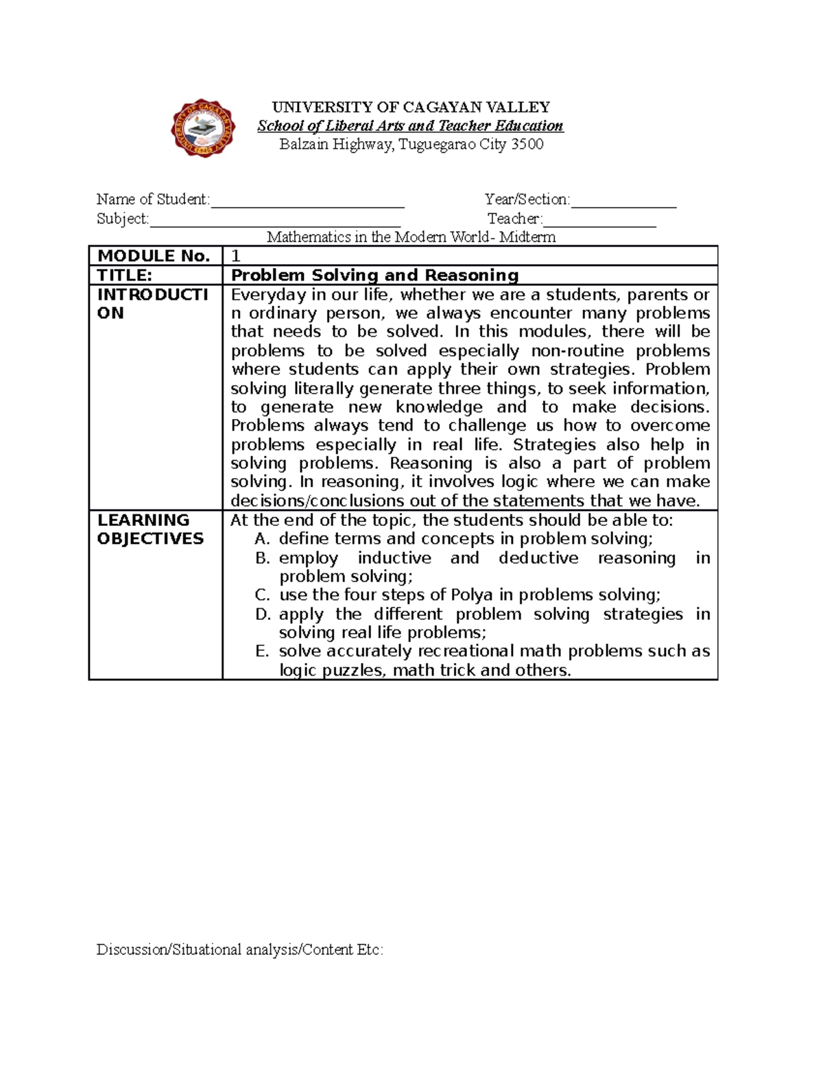 Mathematics in the Modern World Midterm Module - UNIVERSITY OF CAGAYAN VALLEY School of Liberal ...