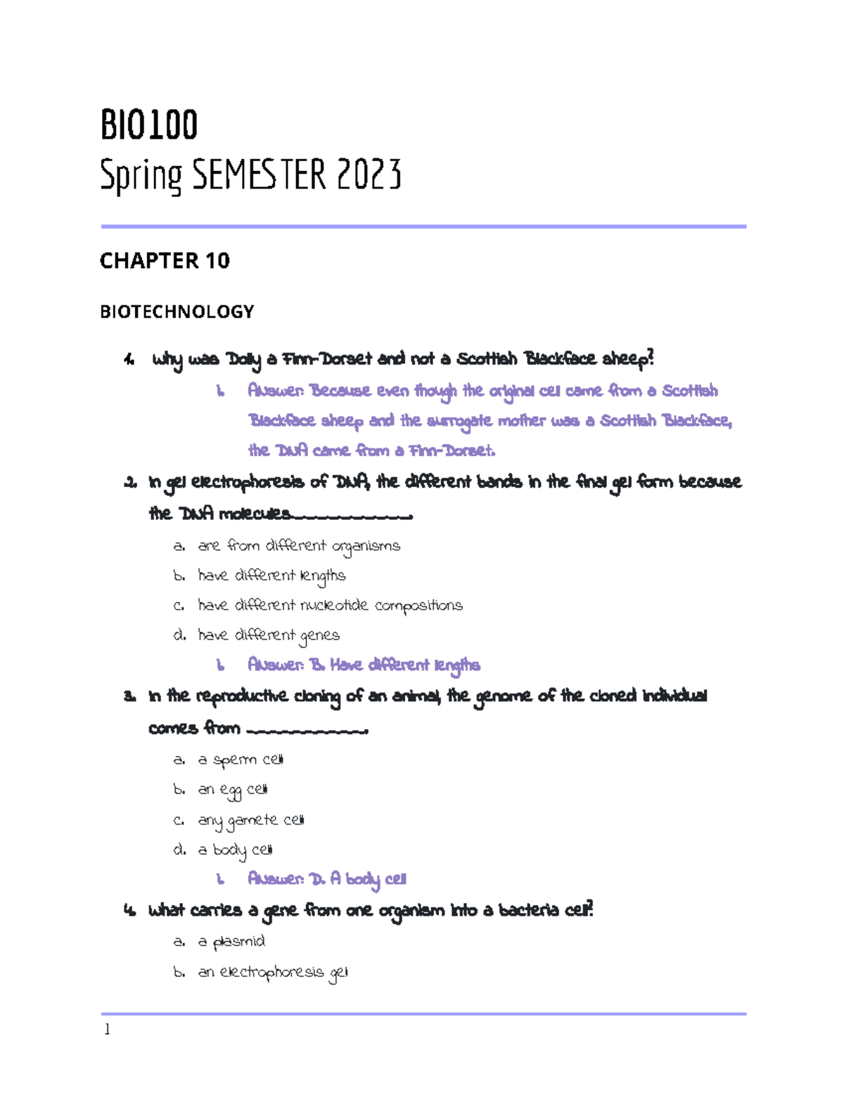 Biology CH10 - BIO Spring SEMTER 2023 CHAPTER 10 BIOTECHNOLOGY 1. Why ...