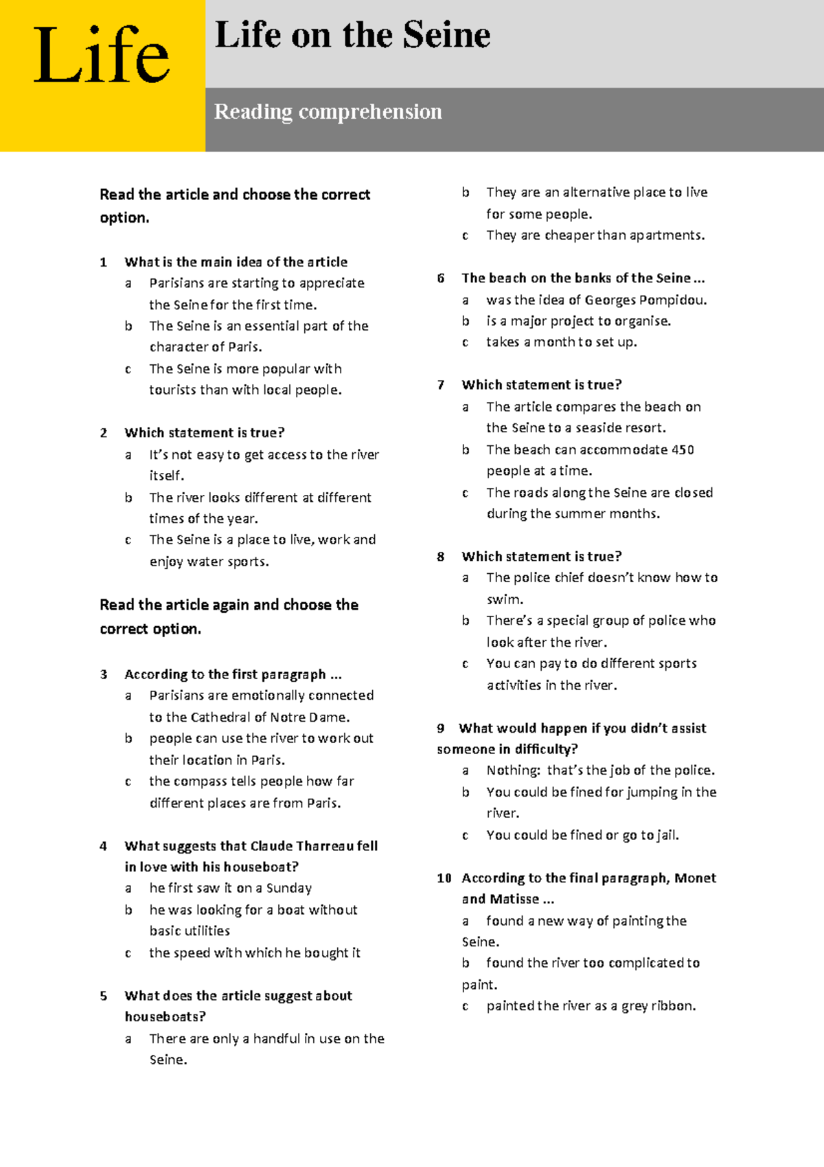 Comprehension 8 seine - Read the article and choose the correct option ...