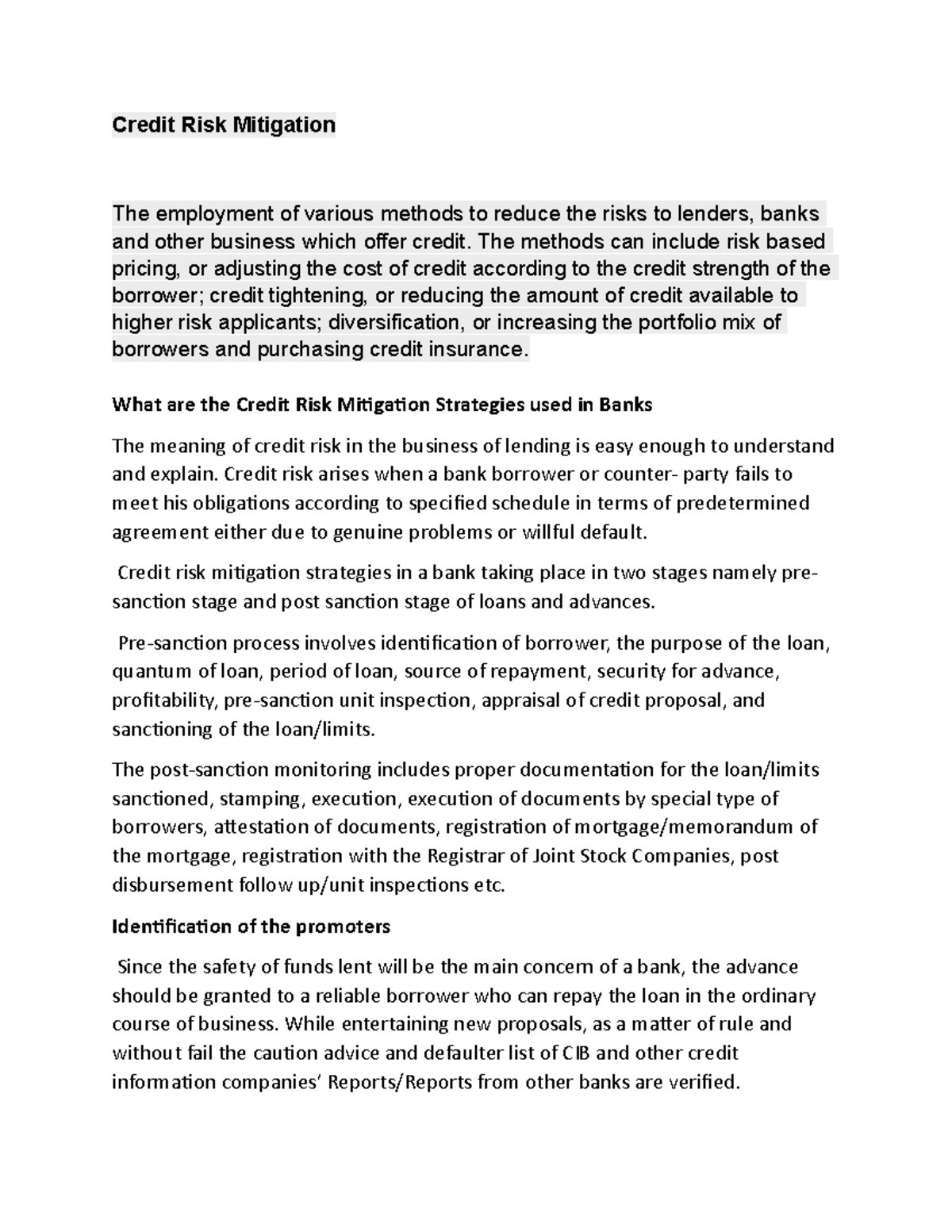 Credit Risk Mitigation - The methods can include risk based pricing, or ...